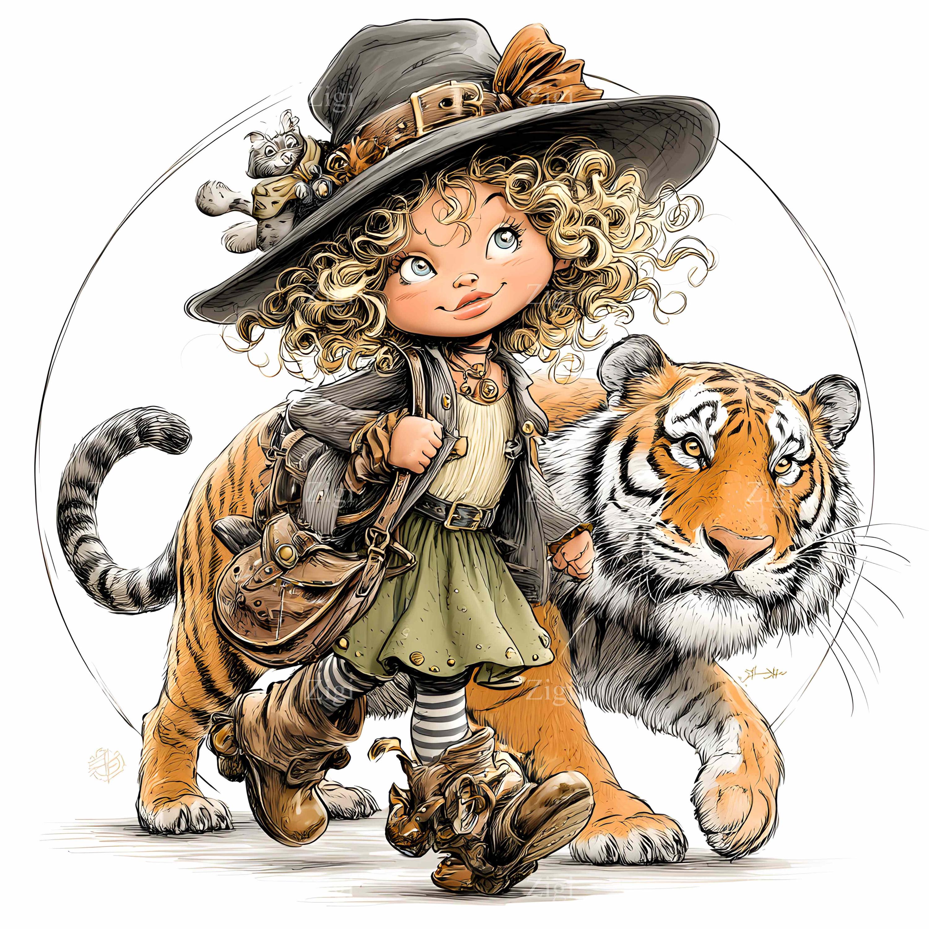 12 JPG Tiger Witch Clipart, Whimsical Girl Illustration, Fantasy ...