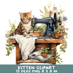 Vintage Sewing Cat PNG Clipart, 15 Cute Kitten With Sewing Machine ...