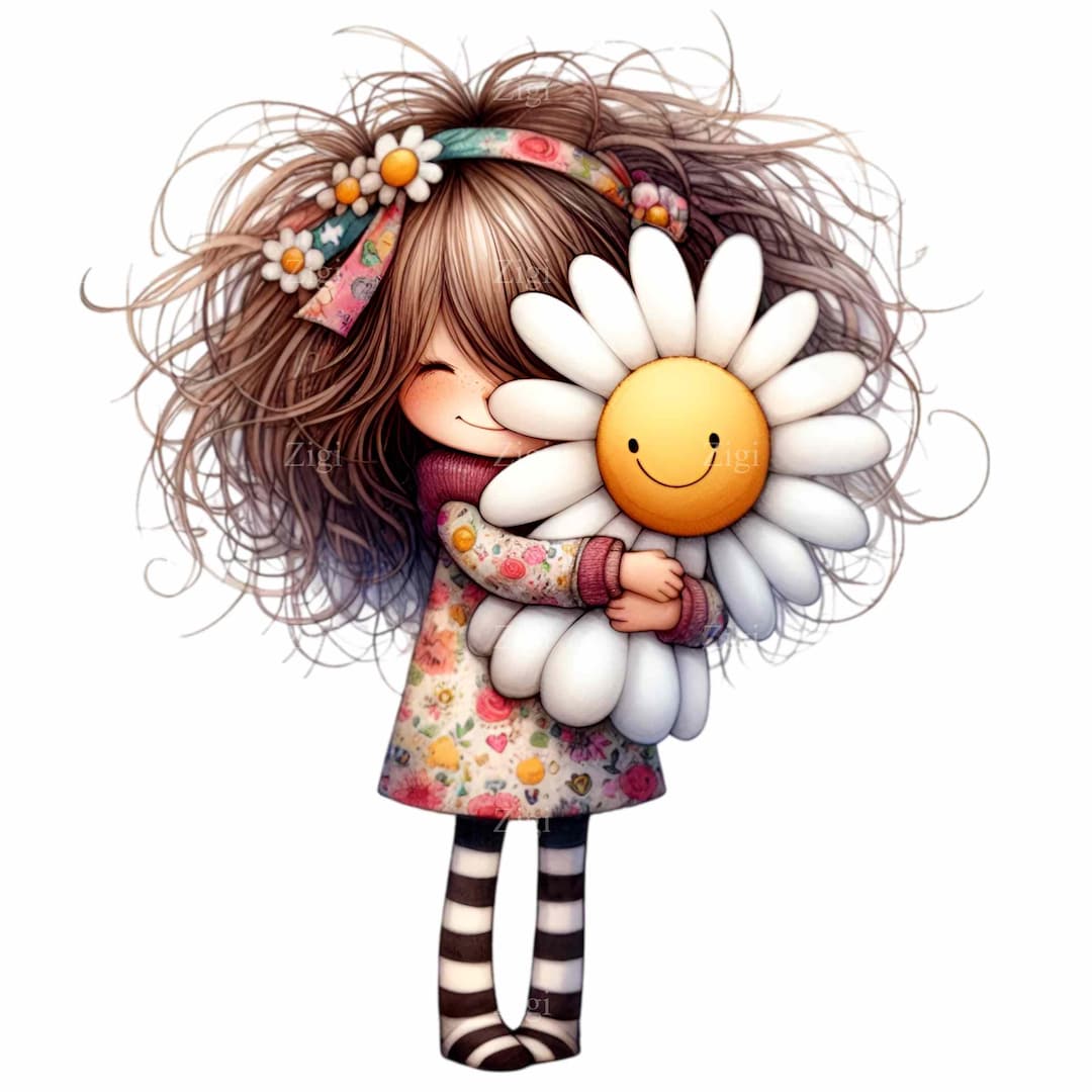 Girl With Daisy Clipart PNG | 15 Floral Art | Cute Digital Illustration ...