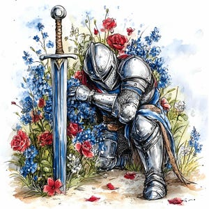 24 JPEG Medieval Knight With Sword and Roses Clipart JPG, Armor Warrior ...