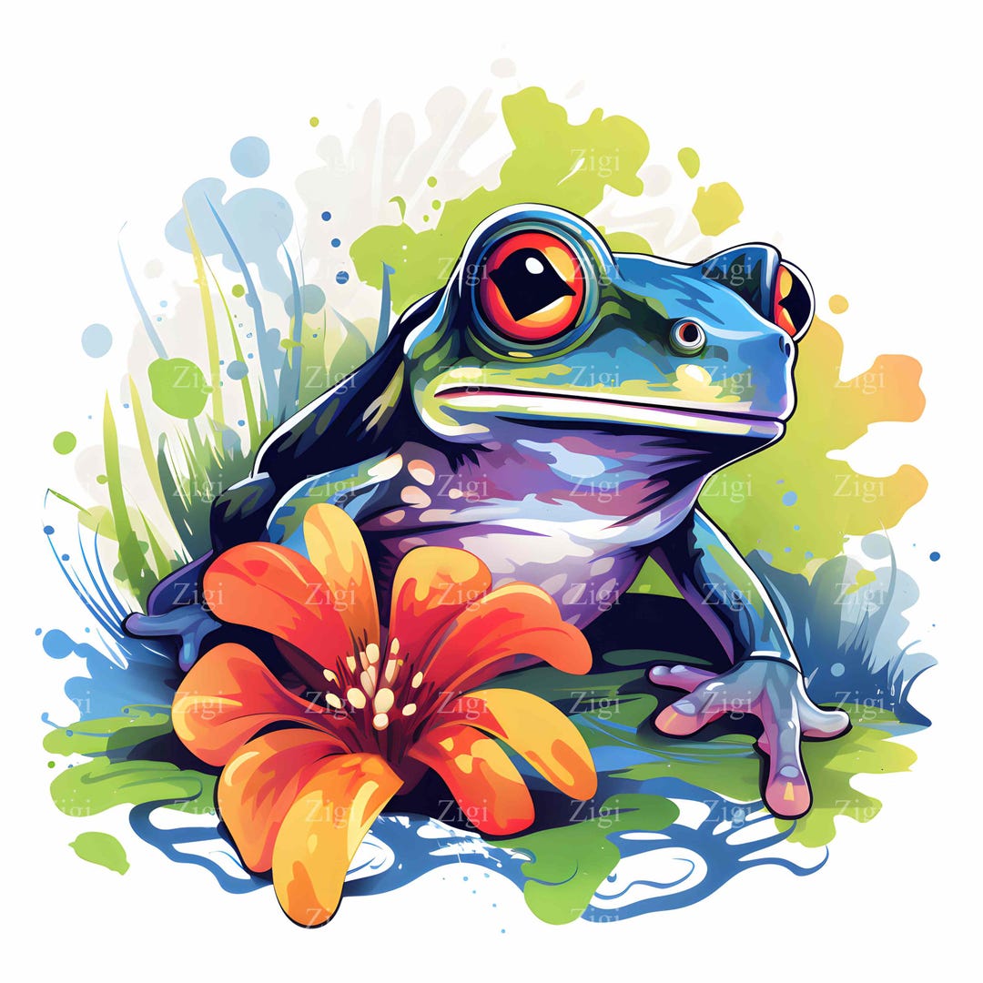 32 JPEG Vibrant Frog Clip Art - Colorful Frog With Orange Flower and ...