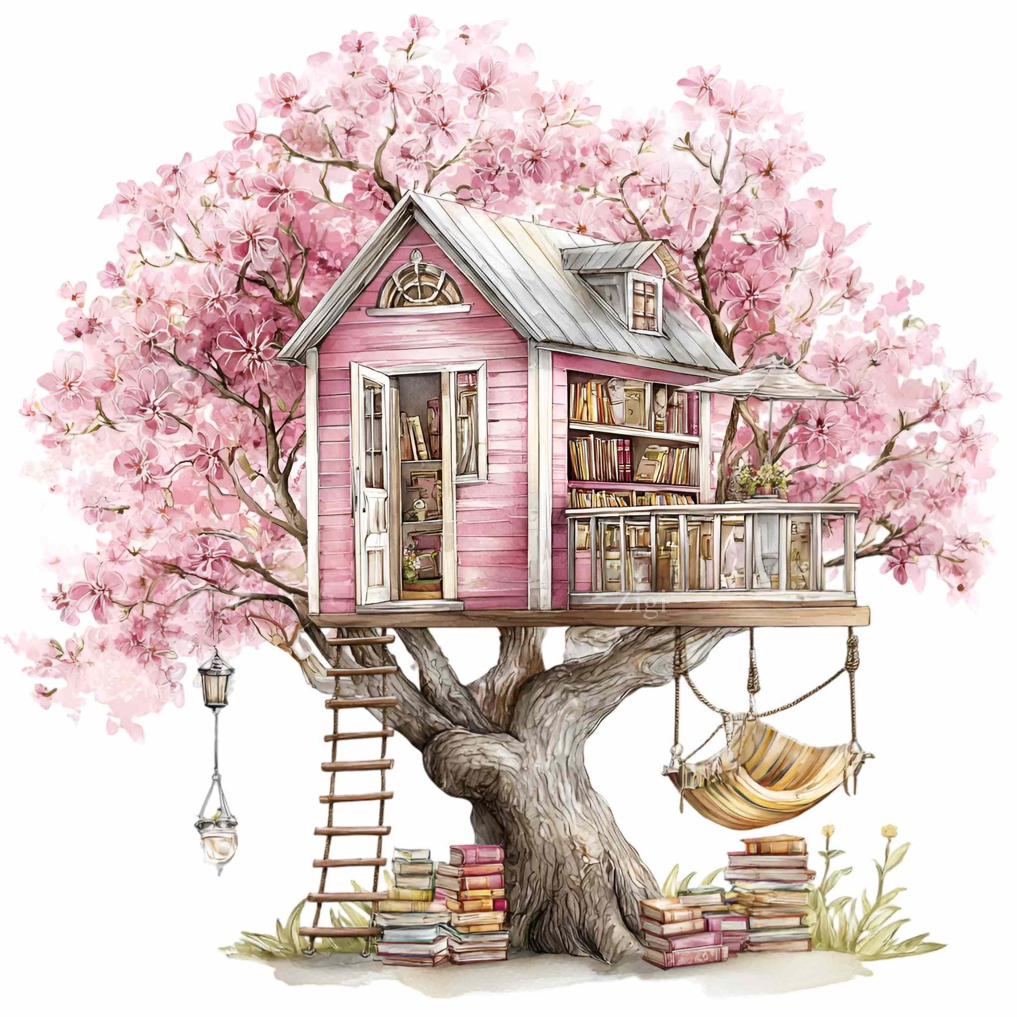 15 PNG Pink Treehouse Clipart, Bookish Library Spring Blossom Fantasy ...