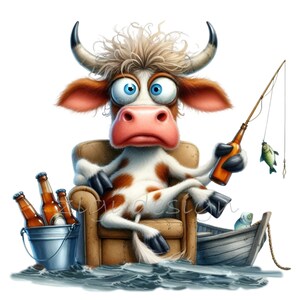 Fishing Cow Digital Clipart 15 PNG - Funny Cow Illustration With ...