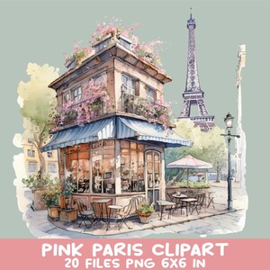 Pink Paris Clipart Bundle 20 Pastel Watercolor PNG, Eiffel Tower Café ...