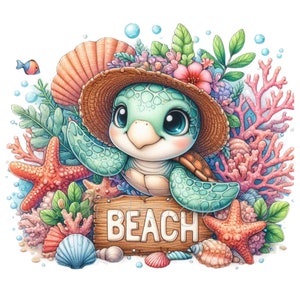 Sea Turtle Clipart, 15 PNG Beach Clip Art, Ocean Watercolor, Junk ...