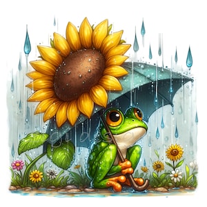 10 PNG Sunflower Frog Clipart – Rainy Day Download – Whimsical Kawaii ...
