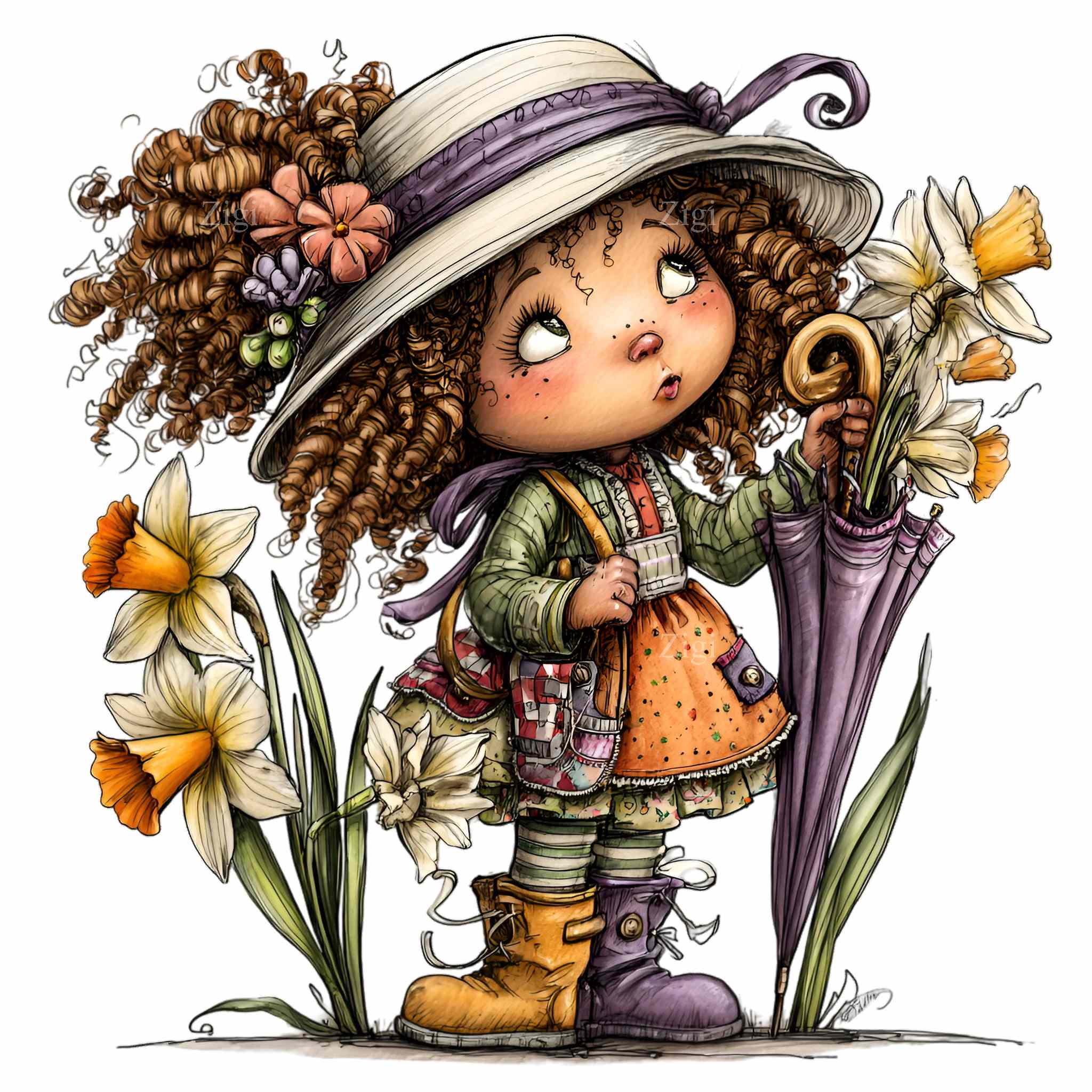 14 PNG Spring Girl Clipart, Vintage Daffodil Illustration, Floral Hat ...