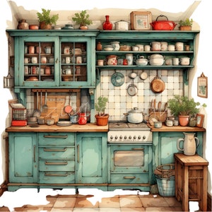 Retro Kitchen Clipart PNG, 19 Teal Watercolor Baking Cooking ...