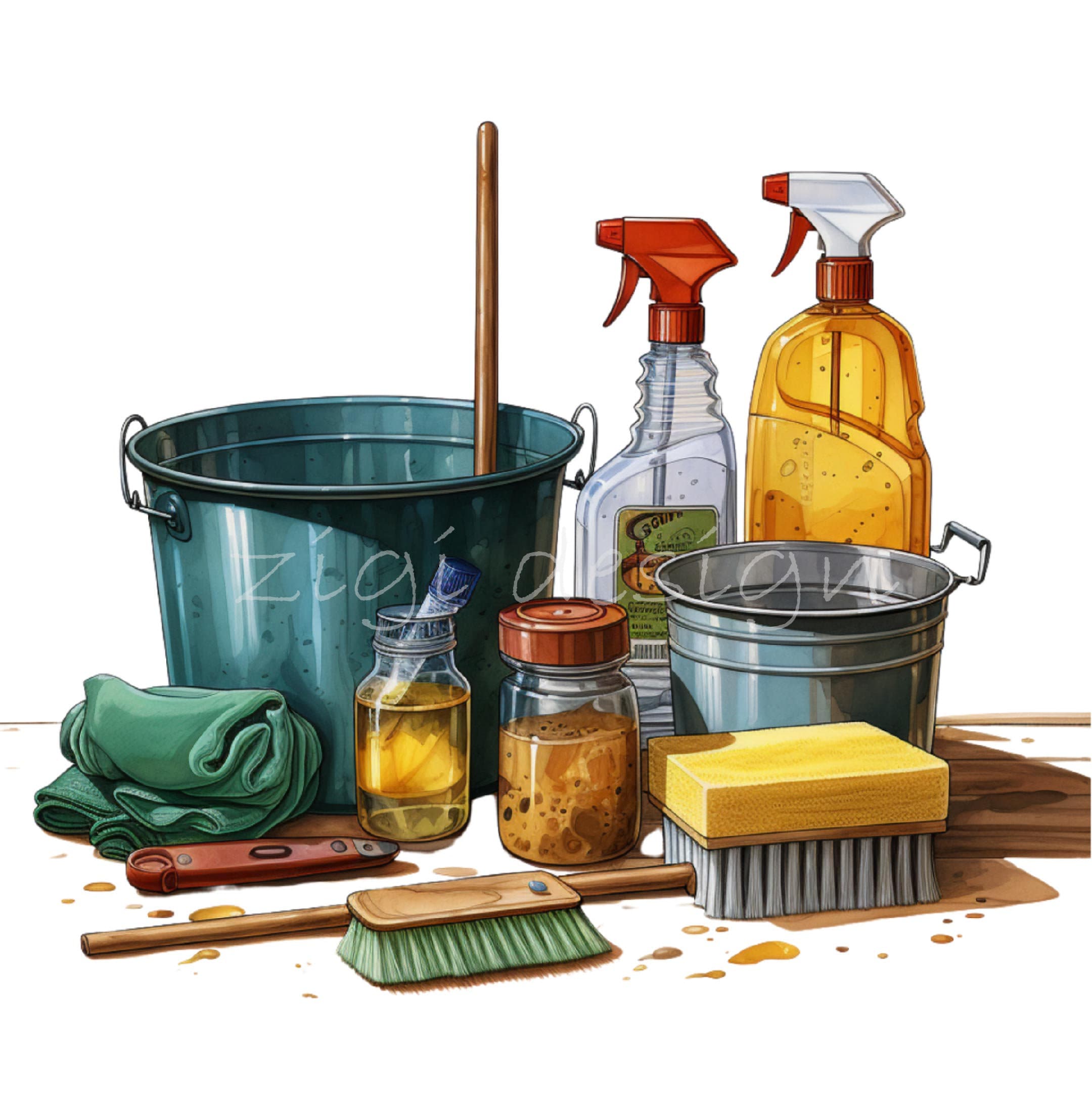 24 Rustic Cleaning Tools PNG Clipart, Vintage Brooms and Bucket ...