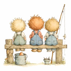 16 PNG Fishing Kids Clipart – Three Children on Pier PNG – Rustic ...