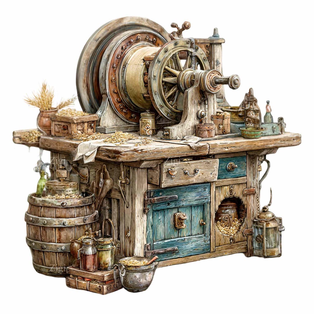 14 PNG Vintage Grain Mill Clipart – Rustic Flour Machine Illustration ...