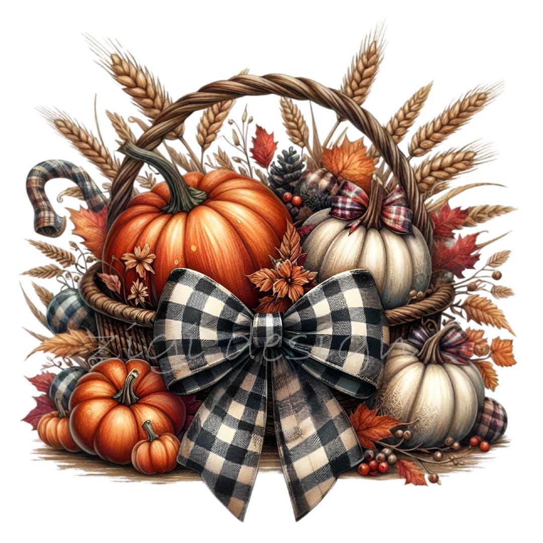 14 Fall Pumpkin Basket PNG Clipart, Buffalo Plaid Bow Autumn Decor ...