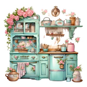 15 Vintage Kitchen PNG Clipart, Retro Aqua Stove With Floral Decor ...