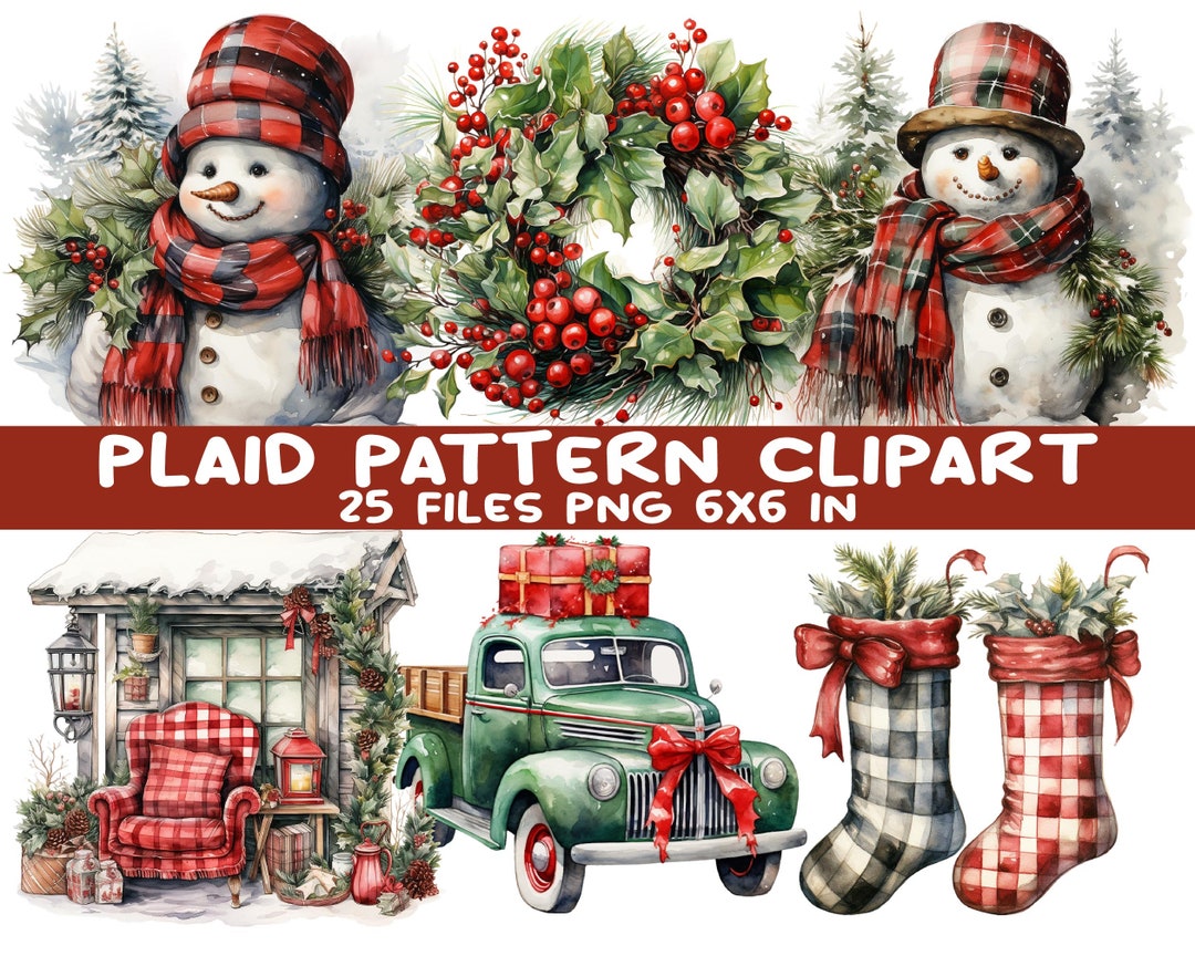Watercolor Christmas Plaid Pattern Clipart Bundle, 25 PNG Winter ...