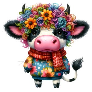 12 Rainbow-haired Cow PNG Clipart - Cute Floral Cow With Colorful Hair ...