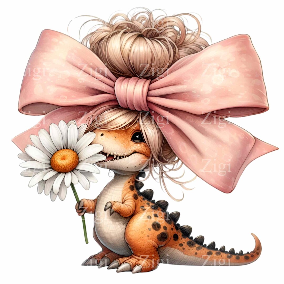 12 Girly Dinosaur Clipart PNG, Dino With Bow and Daisy, Cute Dinosaur ...