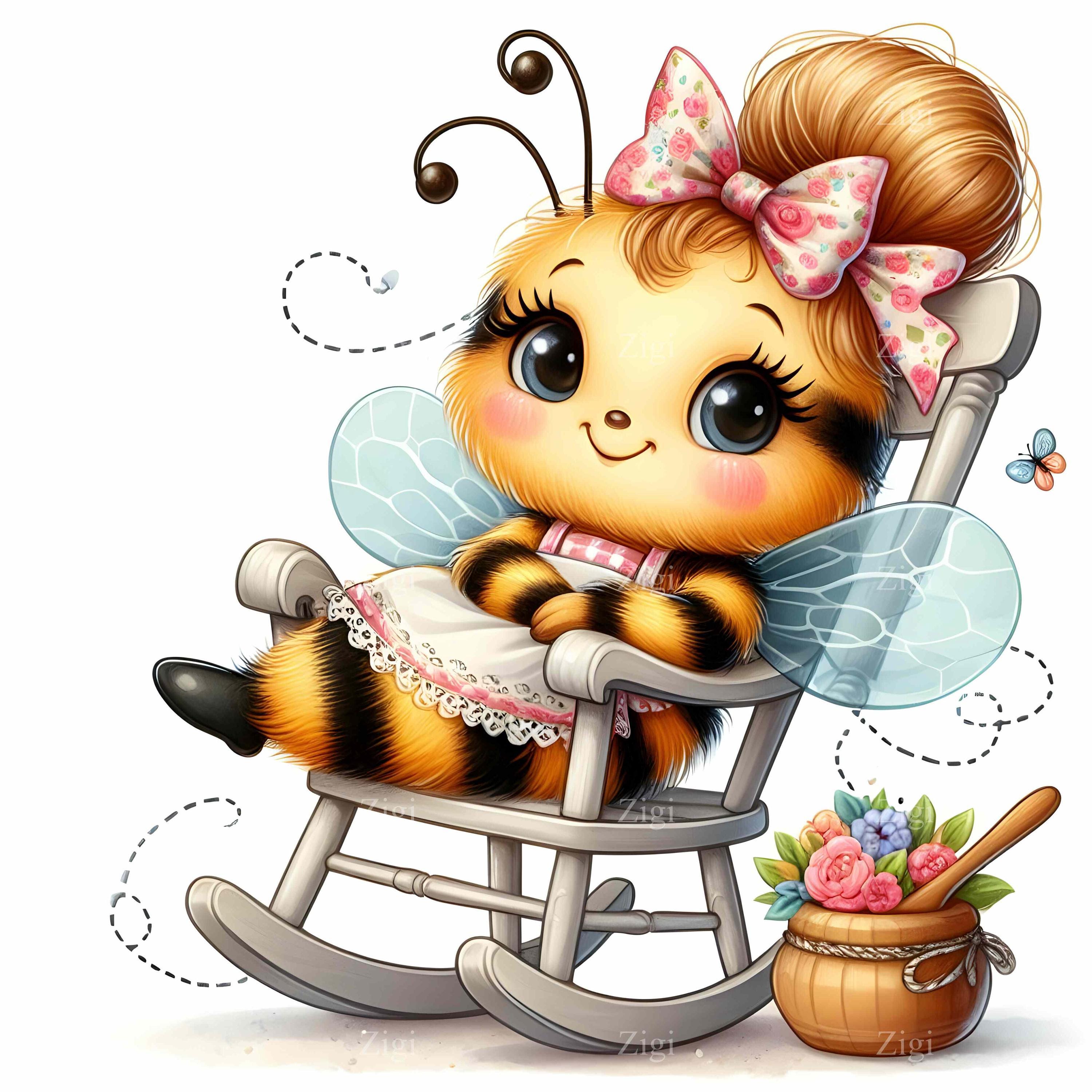 12 JPEG Cute Bee Clipart in Rocking Chair With Apron & Bow, Floral ...