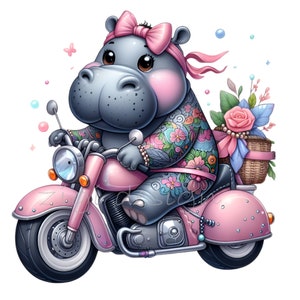 10 Biker Hippo PNG, Tattooed Hippopotamus on Motorcycle Clipart, Cute ...