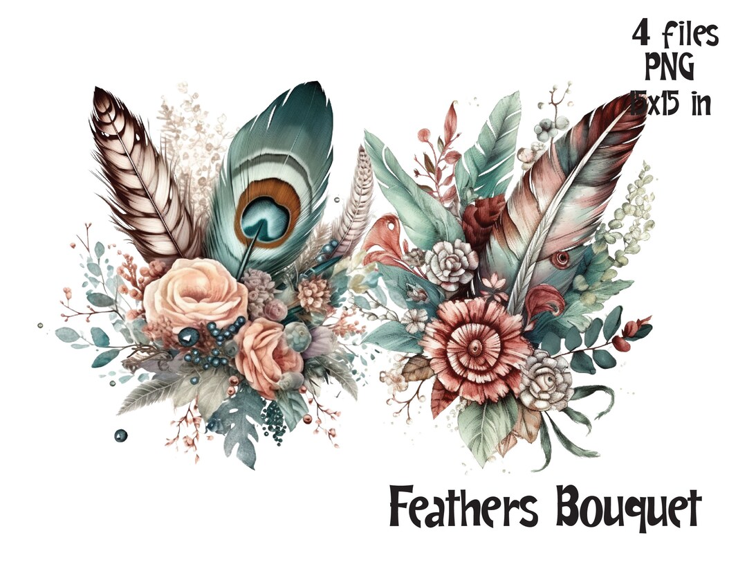 Feathers Bouquet Clipart PNG Watercolor Boho Style Sublimation Digital ...