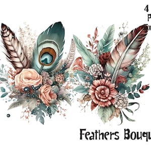 Feathers Bouquet Clipart PNG Watercolor Boho Style Sublimation Digital ...