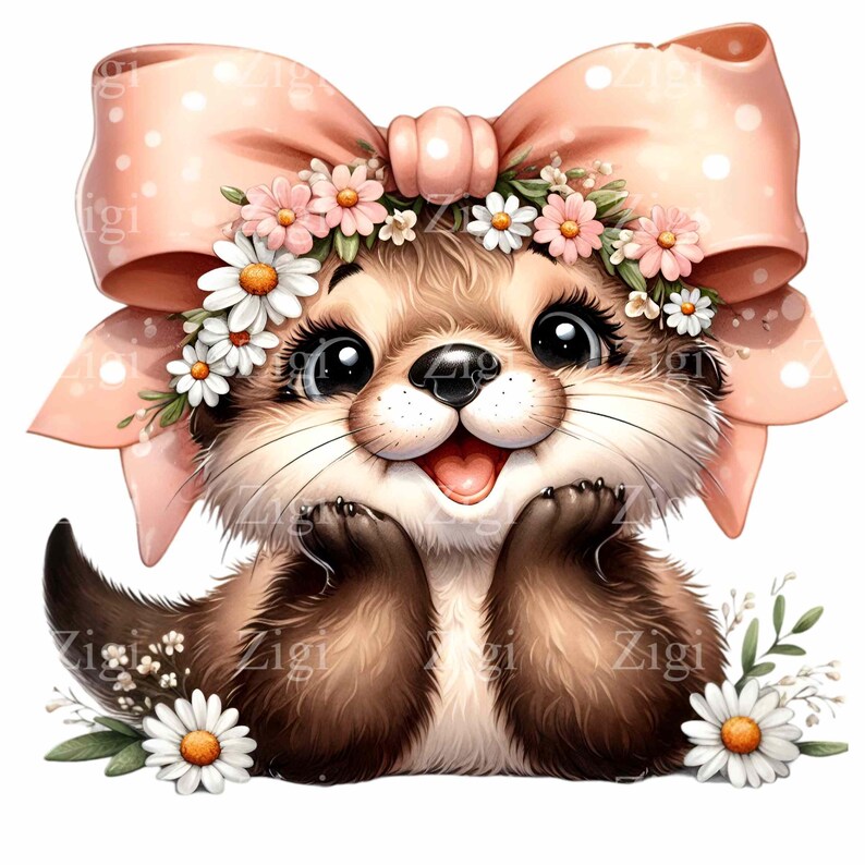 15 Otter PNG Clipart, Otter With Bow and Flowers, Cute Animal Digital ...