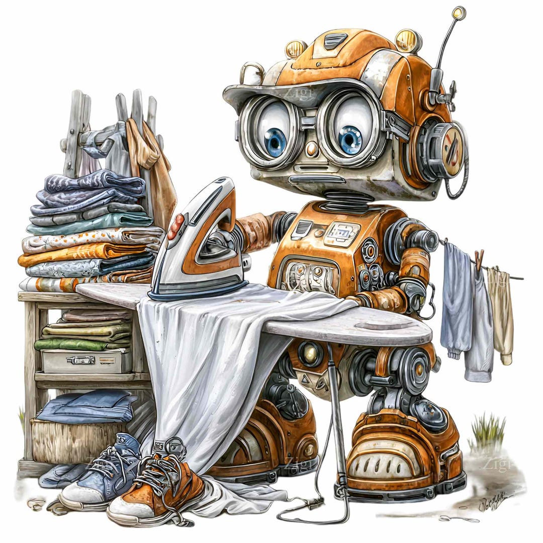 15 PNG Laundry Robot Clipart – Watercolor Mechanical Helper Ironing ...