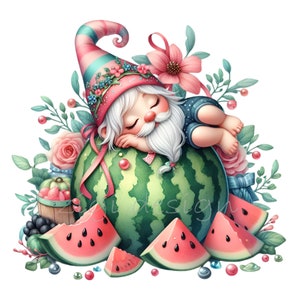 Watermelon Gnome Clipart Cute Summer Illustration 10 PNG Sleepy Gnome ...