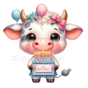 12 PNG Birthday Baby Cow Clipart – Farm Animal Party Hat Balloons Gifts ...