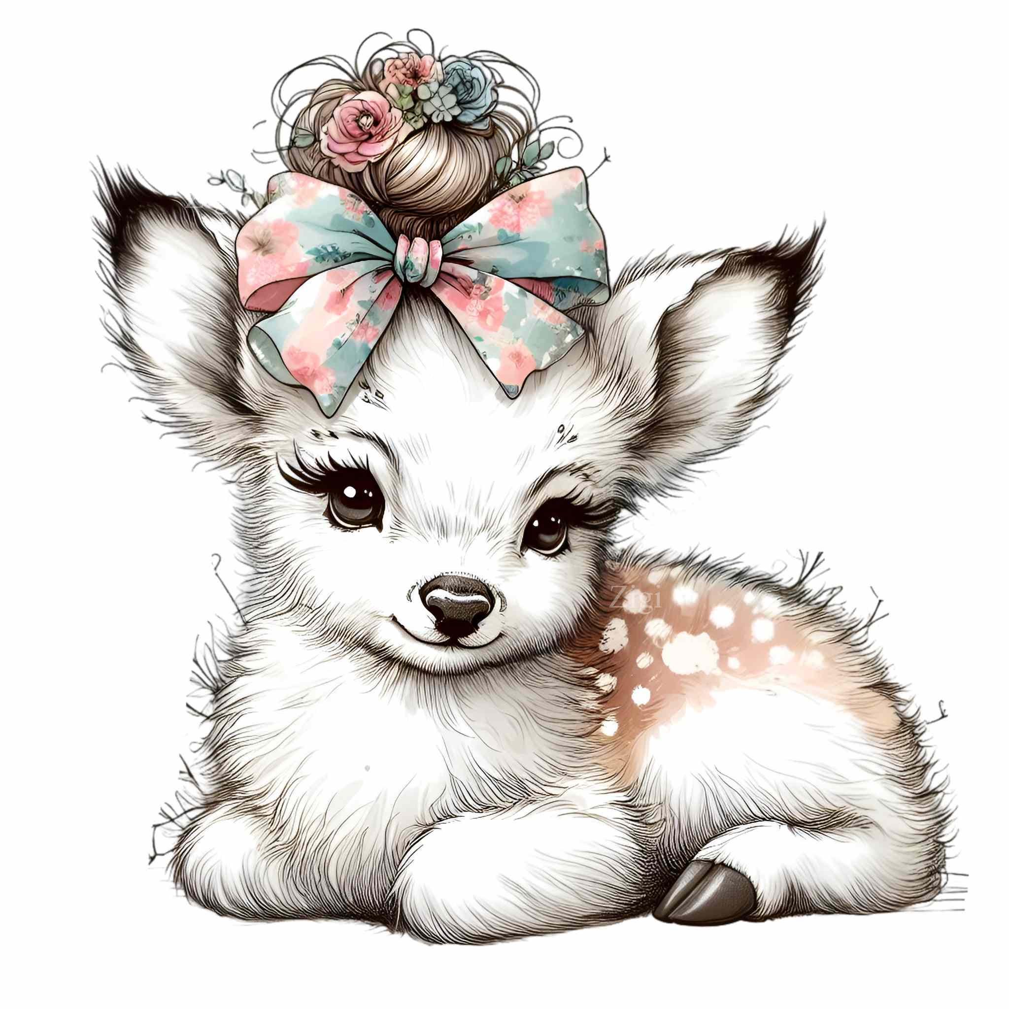15 PNG Floral Baby Deer, Woodland Fawn Clipart, Pink Bow Messy Bun ...