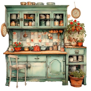 Retro Kitchen Clipart PNG, 19 Teal Watercolor Baking Cooking ...