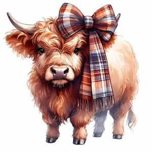 Highland Cow PNG Clipart, 12 White Angus Calf With Plaid Scarf and Bow ...