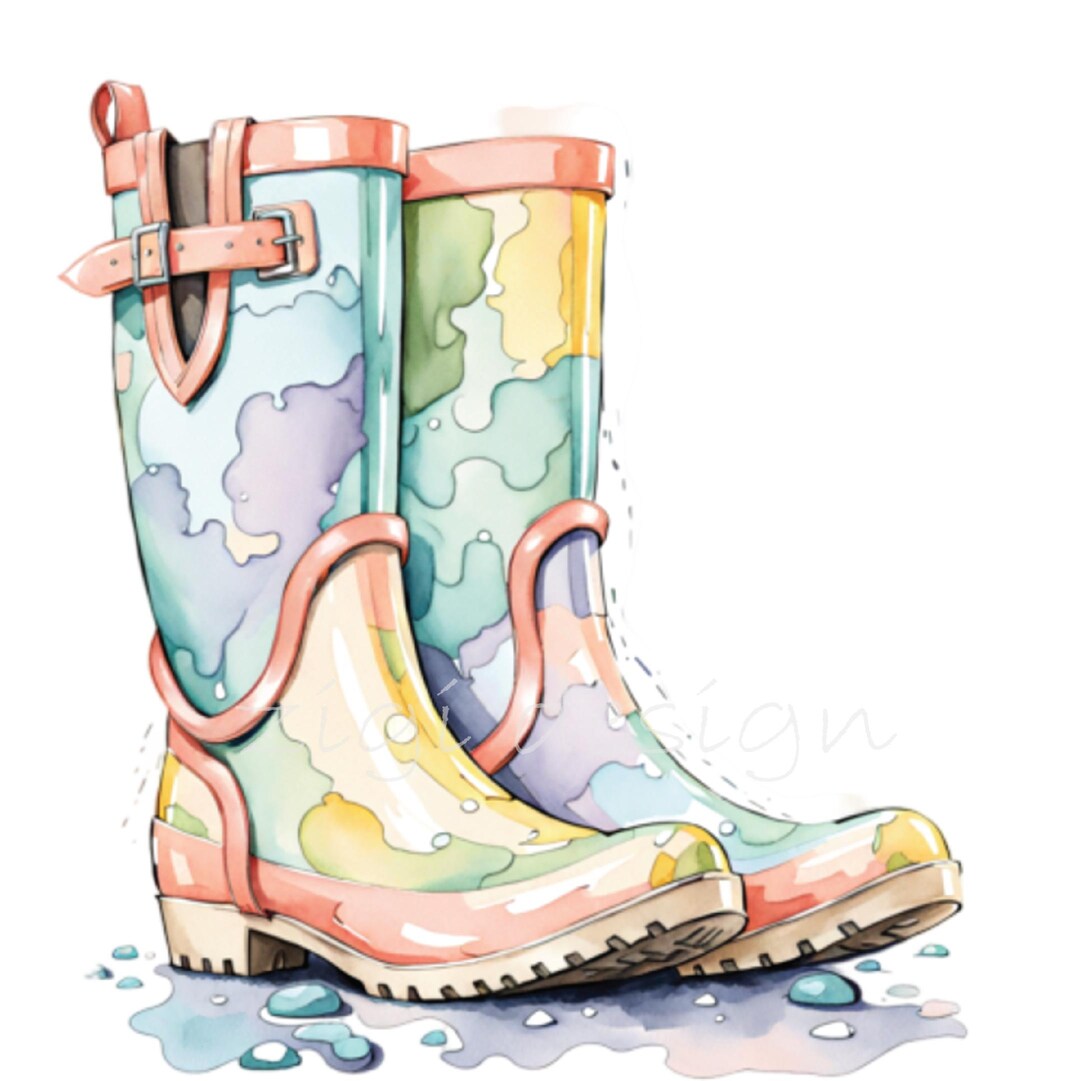 Watercolor Rain Boots Clipart 15 Colorful Garden Boots With Puddle PNG ...