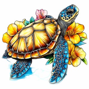 10 Floral Turtle Clipart PNG, Blue Turtle With Yellow and Orange ...
