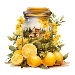 16 Lemon Jar Clipart PNG, Tuscan Village in Honey Jar Art, Citrus ...