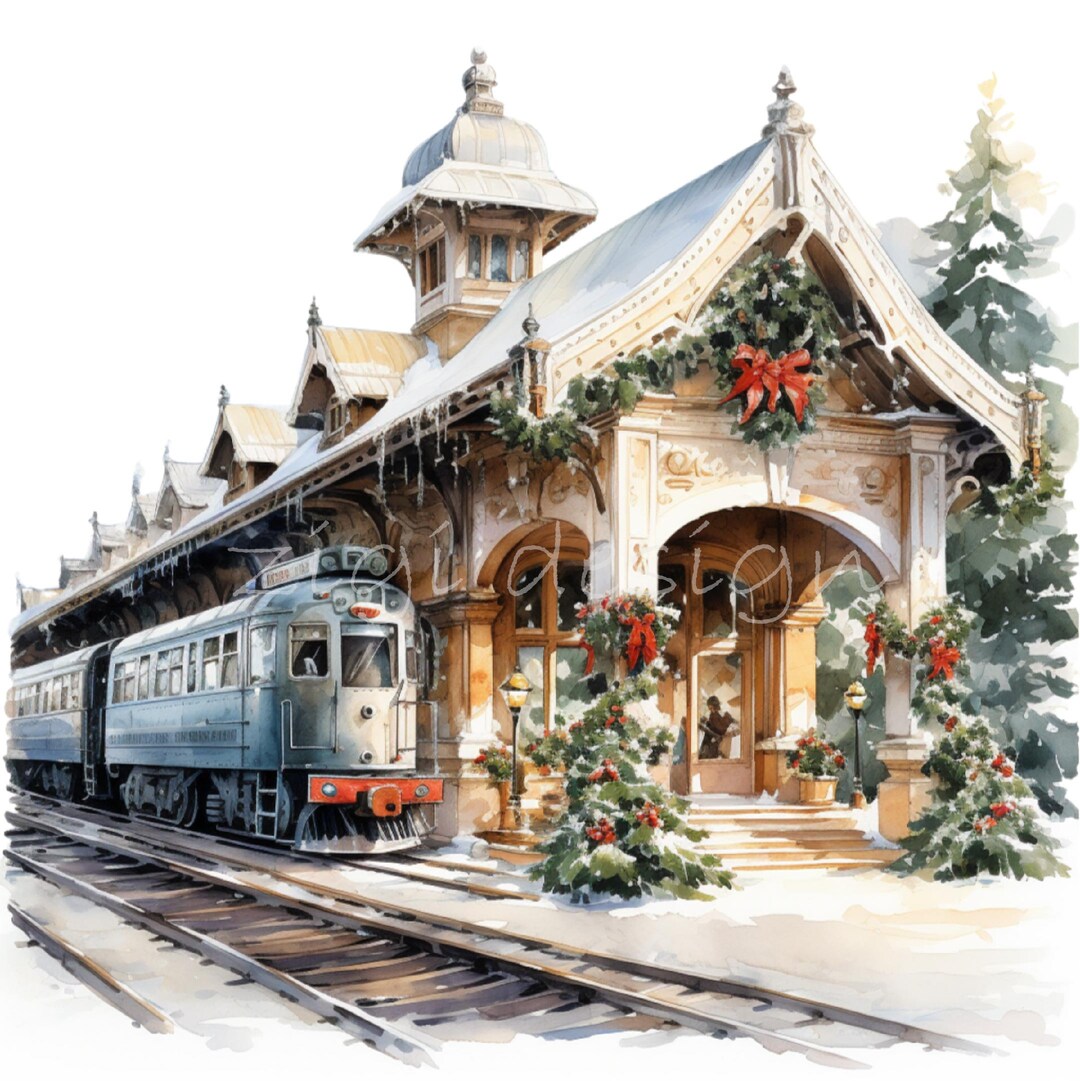 Christmas Train Station Clipart, 17 Vintage Festive Railway ...