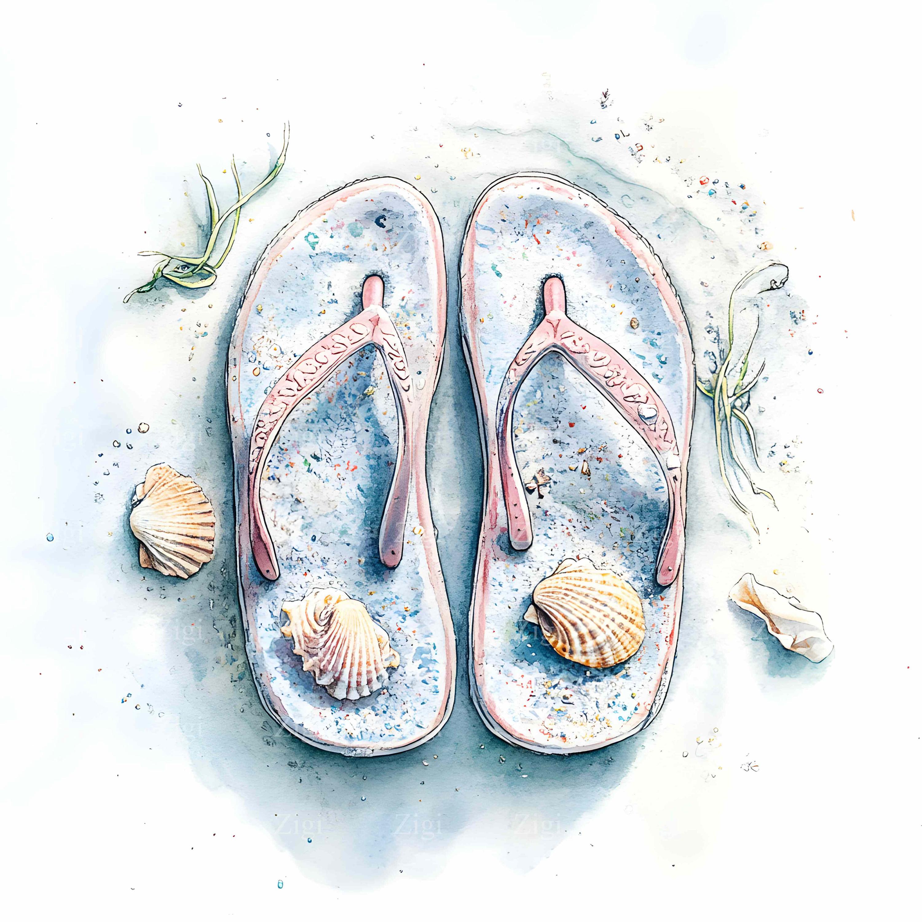 24 JPG Beach Flip Flops Illustration Watercolor, Seashell Summer ...