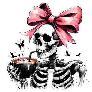 15 Cute Skeleton PNG Clipart With Pink Bow Drinking Coffee, Halloween ...