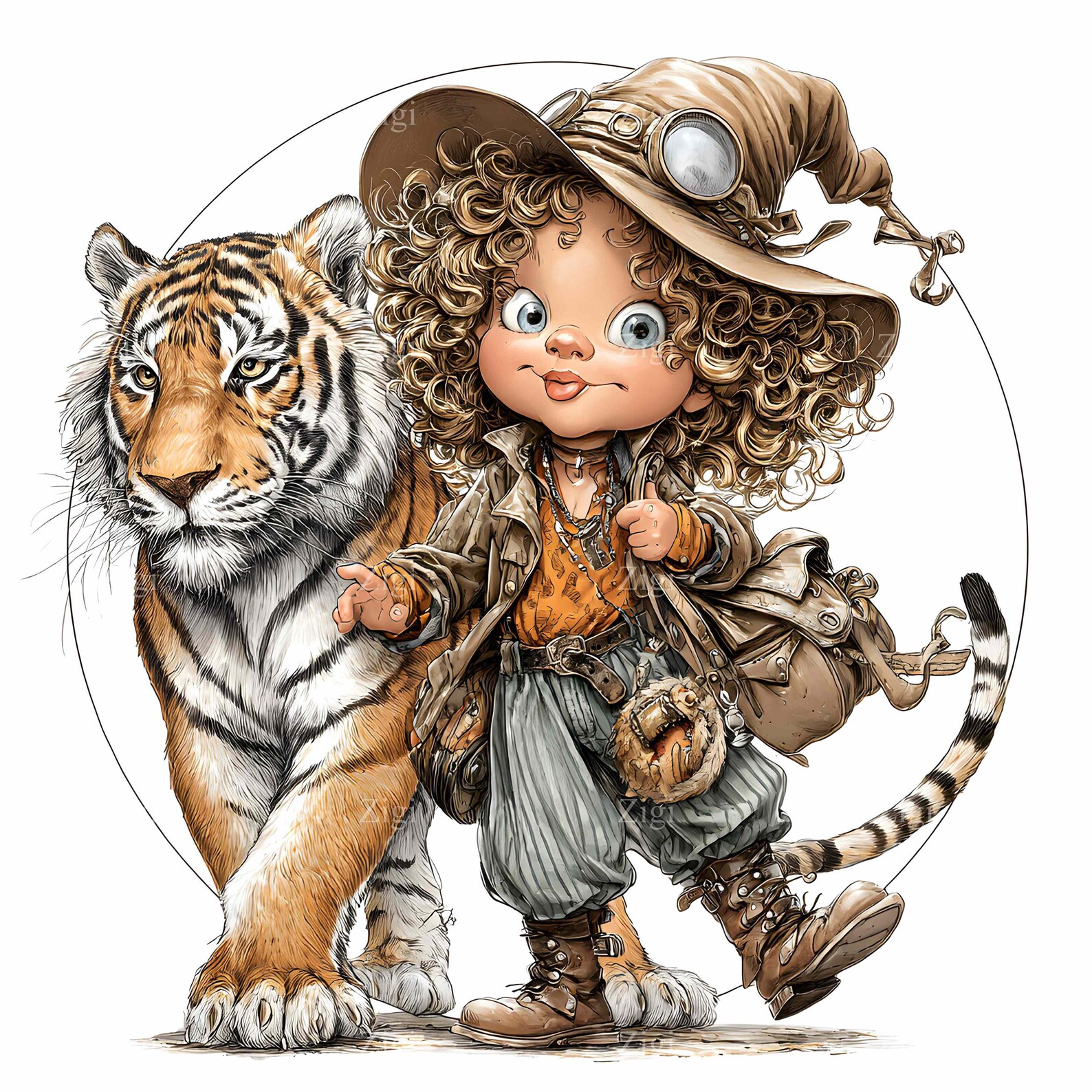 12 JPG Tiger Witch Clipart, Whimsical Girl Illustration, Fantasy ...