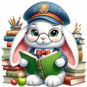 Cute Reading Bunny Clipart, 12 Adorable Rabbit With Books and Glasses ...