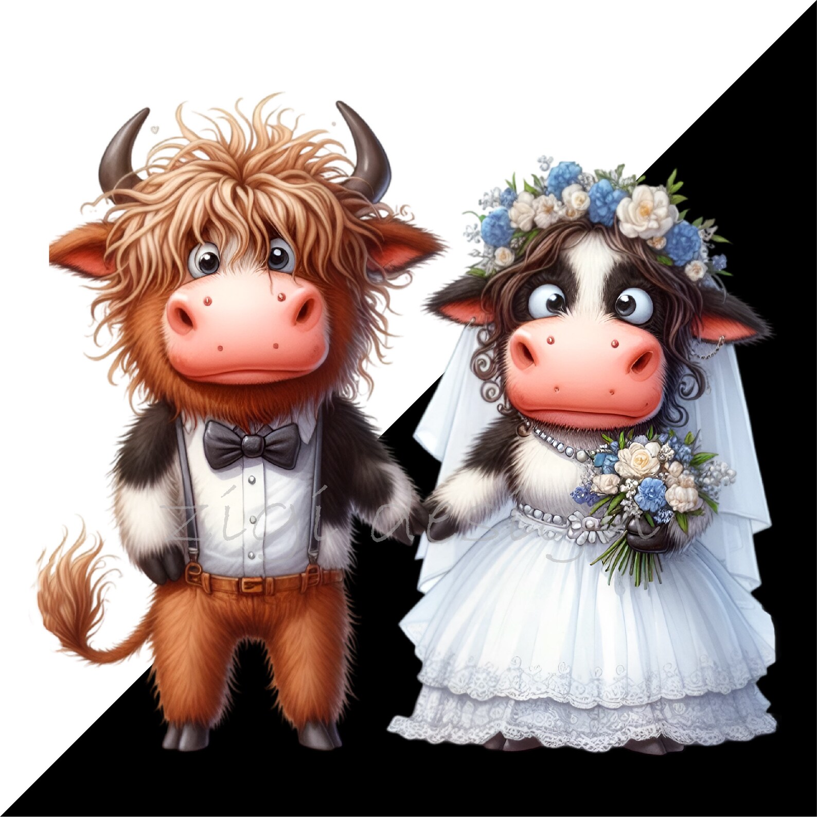 Cute Cow Wedding Couple Clipart 12 PNG - Bride and Groom Cows in ...