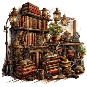 Vintage Bookshelf Clipart PNG, 15 Antique Books and Decor, Steampunk ...
