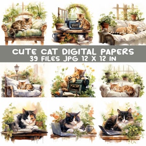Cat Digital Papers 39 JPG Watercolor, Cottage Kitten Whimsical Cat ...