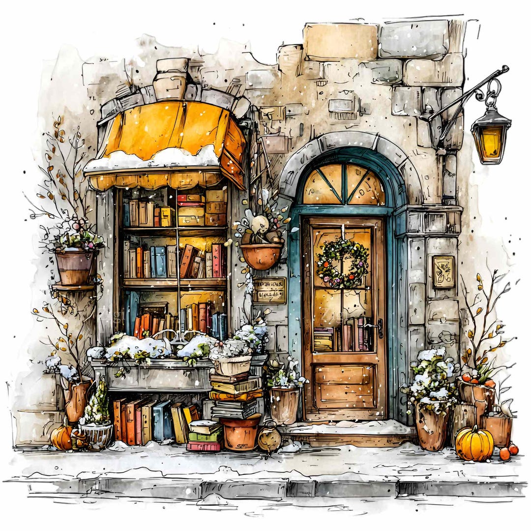10 PNG Winter Bookstore Clipart – Snowy Library PNG – Vintage Cottage ...