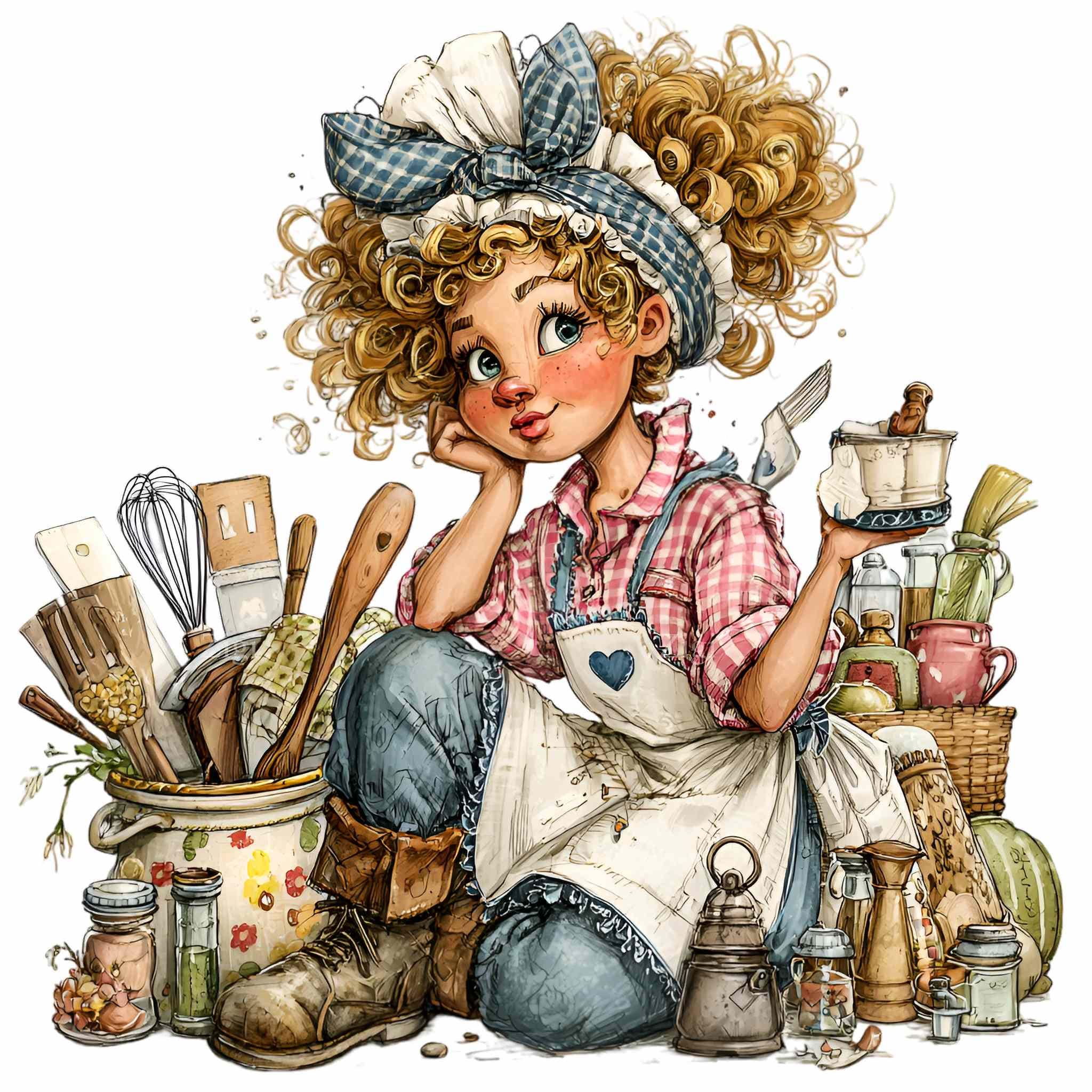 12 PNG Vintage Cooking Girl Clipart – Cute Kitchen Illustration for ...