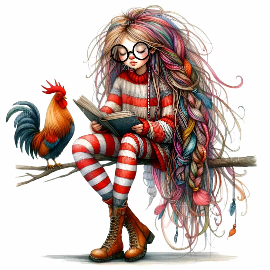 7 Girl With Rooster PNG Clipart, Cute Girl Reading Book With Colorful ...