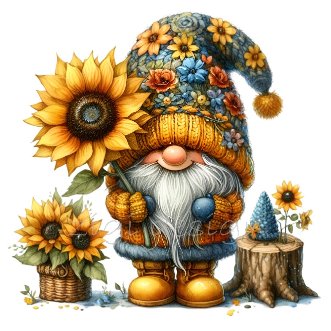 Sunflower Gnome Clipart PNG 15 Cute Gnome With Floral Hat and ...