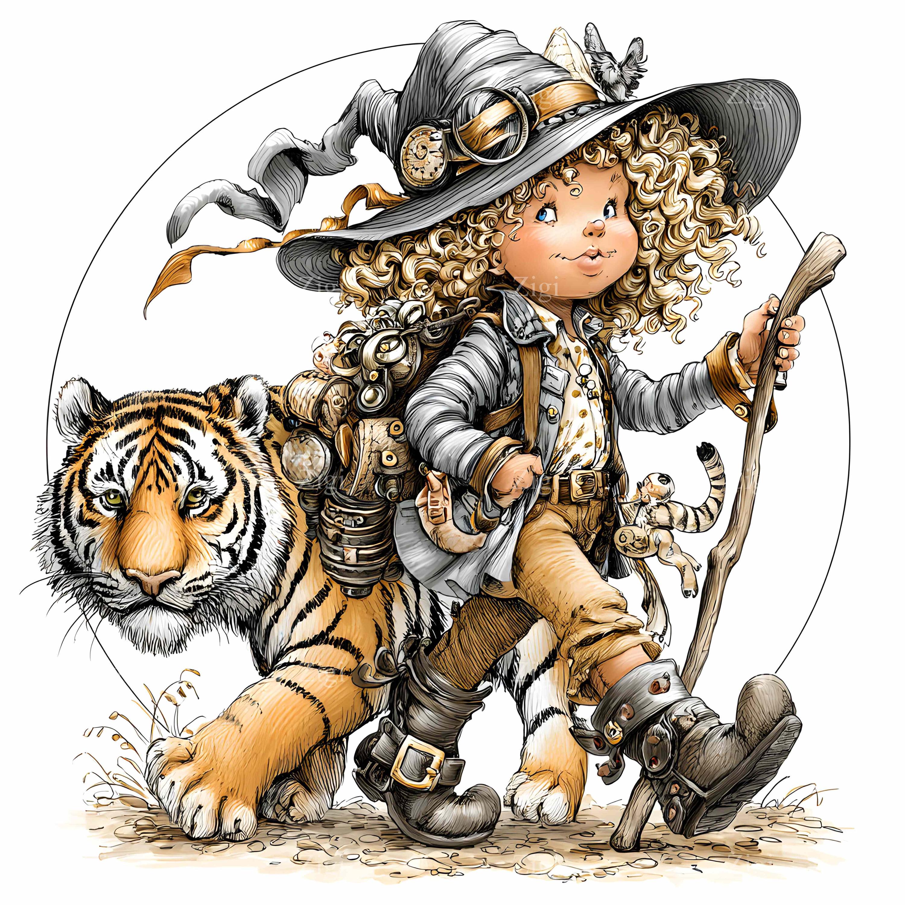 12 JPG Tiger Witch Clipart, Whimsical Girl Illustration, Fantasy ...