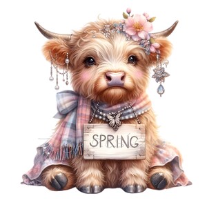 12 Spring Highland Cow Clipart PNG, Cute Cow in Plaid Skirt Holding ...