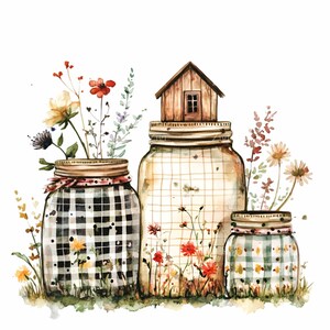 19 PNG Farmhouse Mason Jar, Watercolor Country Flowers, Rustic Cottage ...