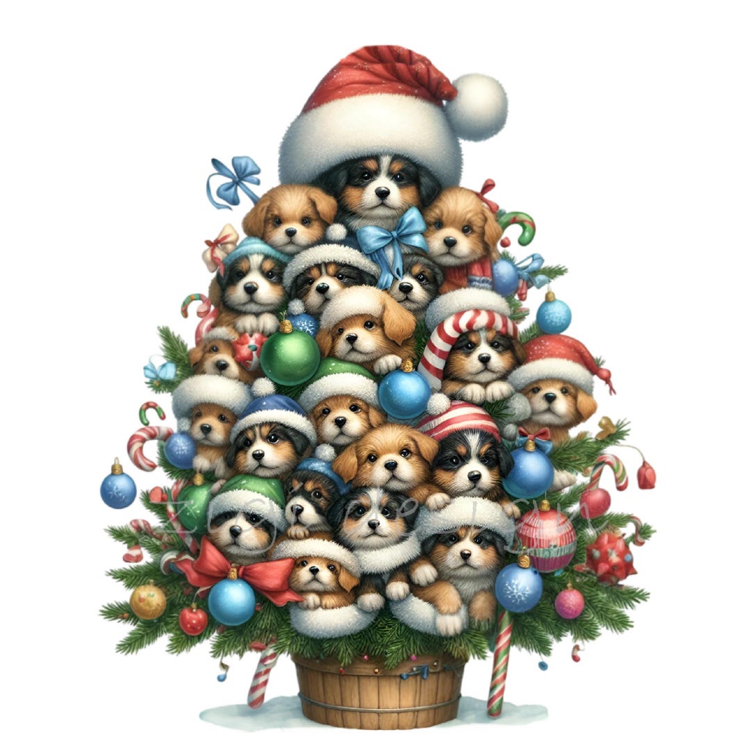Christmas Puppy Tree Clipart - 15 Adorable Festive Dog Illustration in ...